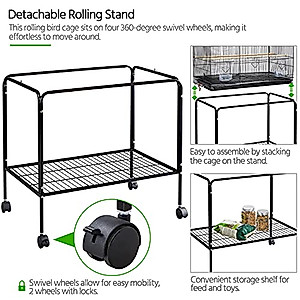 Yaheetech 47-inch Rolling Breeding Flight Bird Cages for Parakeets Budgies Finches Cockatiels Conures Lovebirds Canaries Parrots w/Detachable Stand, Black