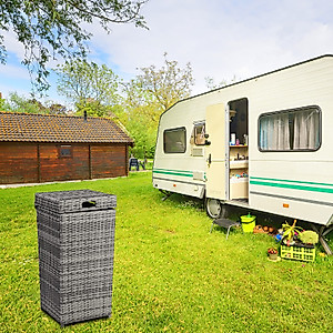 Outdoor Backyard Wicker Trash Can with Lid PE Rattan Steel Frame Waste Basket Trash Bin for Patio, Backyard, Lawn, Porch, Deck and Indoor Kitchen, Bathroom 31 Inch Tall Trash Can 24 Gallon Gary