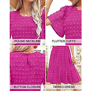 Kranda 2023 Women Summer Casual Short Sleeve Solid Midi Dress Round Neck Flutter Sleeve Smocked Ruffle Swing Flowy Swiss Dot Hot Pink Dress XL