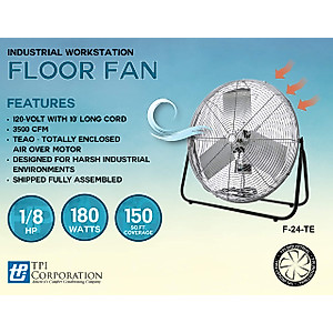 TPI Corporation F24-TE Industrial Workstation Floor Fan, Single Phase, 24" Diameter, 120 Volt