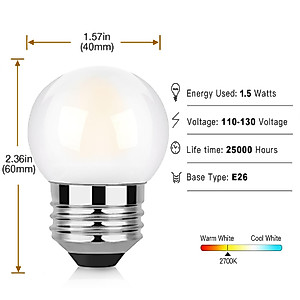 YIZCO G40 Low Wattage LED Light Bulbs 1.5w Equivalent to 15 Watt E26 Base Light Bulb G14 Frosted Small Light Bulbs Warm White 2 Pack