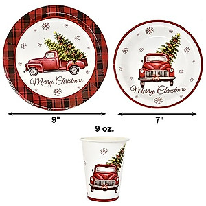 Gift Boutique Christmas Red Truck Party Supply Table Set 24 9" Dinner Plate 24 7" Plate 24 9 Oz Cups 24 Lunch Napkin for Xmas Pickup Trucks with Tree & Buffalo Plaid Disposable Paper Dinner Décor
