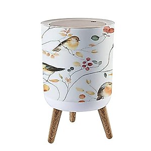 LGCZNWDFHTZ Small Trash Can with Lid for Bathroom Kitchen Office Diaper Colorful Seamless Floral Abstract Birds Flowers Leaves Berries Bedroom Garbage Trash Bin Dog Proof Waste Basket Cute Decorative