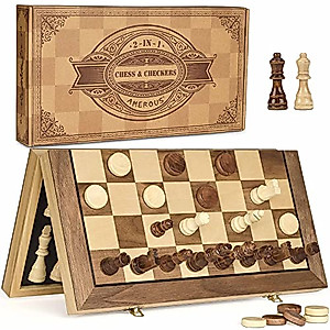 AMEROUS 15'' Magnetic Wooden Chess & Checkers Game Set -2 Extra Queens -24 Cherkers Pieces - Chessmen Storage Slots, Beginner Chess Set for Kids and Adults, Classic 2 in 1 Board Games