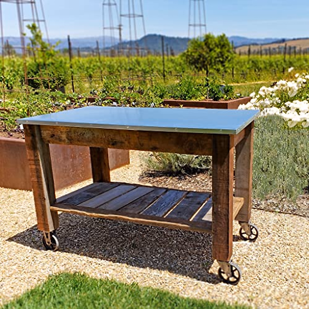 Redwood Potting Table Rolling Cart Swivel Cast Iron Wheels with Brakes Outdoor Garden Work Bench (No Hardware)