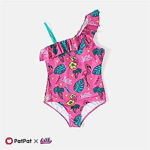 L.O.L. Surprise! Mommy and Me Swimsuit Allover Print One Shoulder Ruffled Family Matching One Piece Swimsuit rediance Baby Girl 6-9 Months Dark Pink