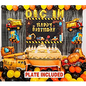 FIGEPO 179 Pack Construction Birthday Party Supplies Dump Truck Party Decorations Kits Plates, Utensils, Napkins, Tablecloth, Cake Toppers, Backdrop, Balloons, Curtains, Tape Banner Serves 16 Guests