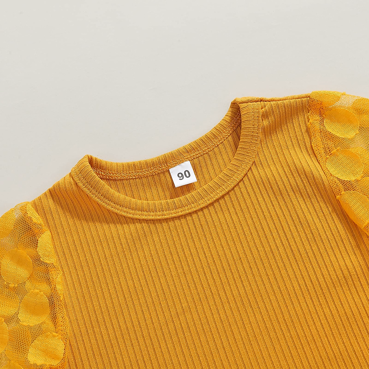 Durveency Kids Toddler Clothes Set Baby Girls Mesh Long Sleeve Shirt and Flared Denim Pants Spring Fall Winter 2pcs Outfits Clothing (Yellow , 4-5T )