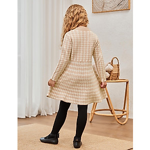 Girls Knitted Sweater Dresses Kids Mock Neck Khaki Flare Plaid Winter Dress, 4t 5t