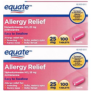 Equate Allergy Relief Diphenhydramine HCI, 25mg 100 Tablets (2 Count)