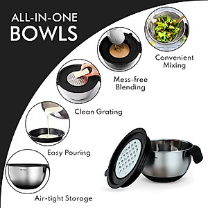 Belwares Mixing Bowls with Lids Set - Nesting Bowls with Graters, Handle, Pour Spout, Airtight Lids - Stainless Steel Non-Slip Mixing Bowl for Cooking, Baking, Prepping, Food Storage (Set of 3)