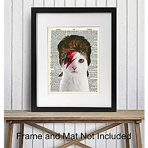 Poster of David Bowie Cat Wall Art - 8x10 Funny Upcycled Dictionary Cat Wall Decor for Vet, Veterinarian Office, Home, Bedroom - Unique Gift for 70s, 80s Punk Rock Music, Ziggy Stardust Fans