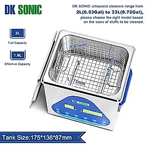 DK SONIC Ultrasonic Cleaner with Digital Timer and Basket for Denture, Coins, Small Metal Parts, Record, Circuit Board, Daily Necessaries, Lab Tools,etc (2L, 110V)