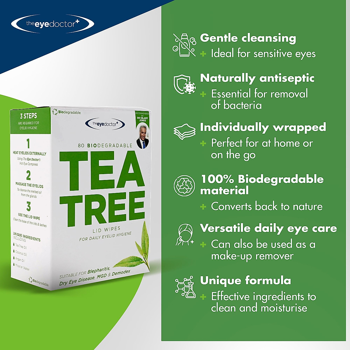 The Eye Doctor Tea Tree Oil Eyelid Wipes x80- - Eyelid Wipes For Blepharitis, MGD, Dry Eye & Demodex - Eyelid Cleanser - Lid Scrub For Eyes - Eyelid Scrub