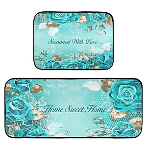 Turquoise Kitchen Rugs and Mats 2 Piece Non Slip Washable Teal Runner Rug Set for Floor Rose Kitchen Decor and Accessories Sweet Home Seasoned Love