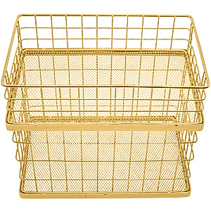 Set of 2 Stackable 10" Metal Wire Storage Basket Bins With Handles (Gold Woven Mesh Base)