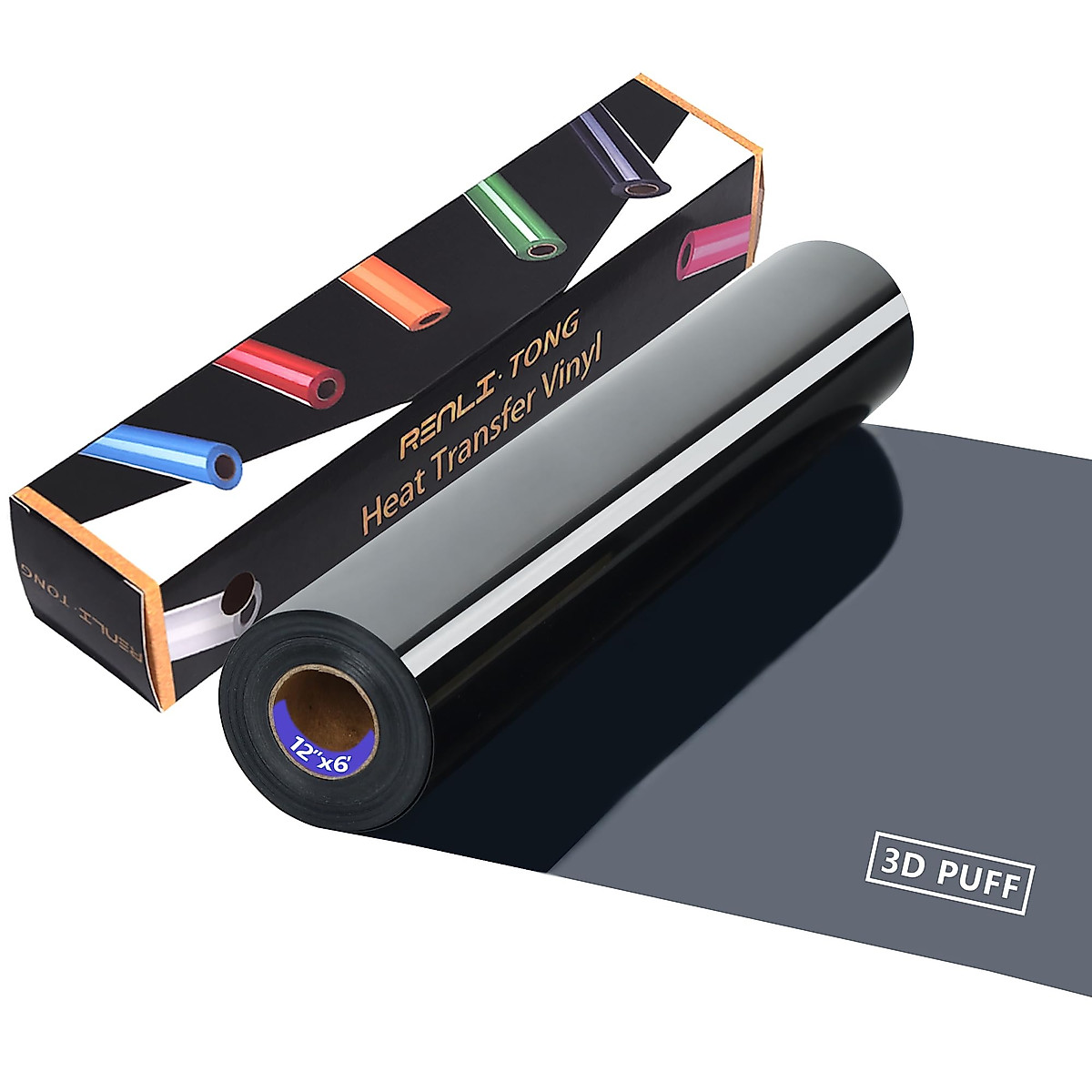 RENLITONG 3D Puff HTV Matte Heat Transfer Vinyl Roll 12" x 7ft Iron on for Heat Press T Shirt for All Cutter Machine Heat Vinyl Design (7ft, 3D Puff Black)
