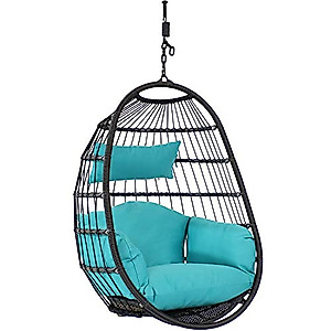 Sunnydaze Penelope Black Steel and Polyethylene Wicker Hanging Egg Chair with Turquoise Polyester Seat Cushions - Bohemian Single Lounge Chair Swing - Collapsible Nylon Rope Back - 45-Inch Tall