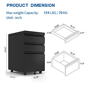 Gustonhon 3-Drawer Mobile File Cabinet with Lock,Under Desk Home Office Storage Filing Cabinet for Legal/Letter Size, Pre-Assembled Metal File Cabinet Except Wheels (Black)