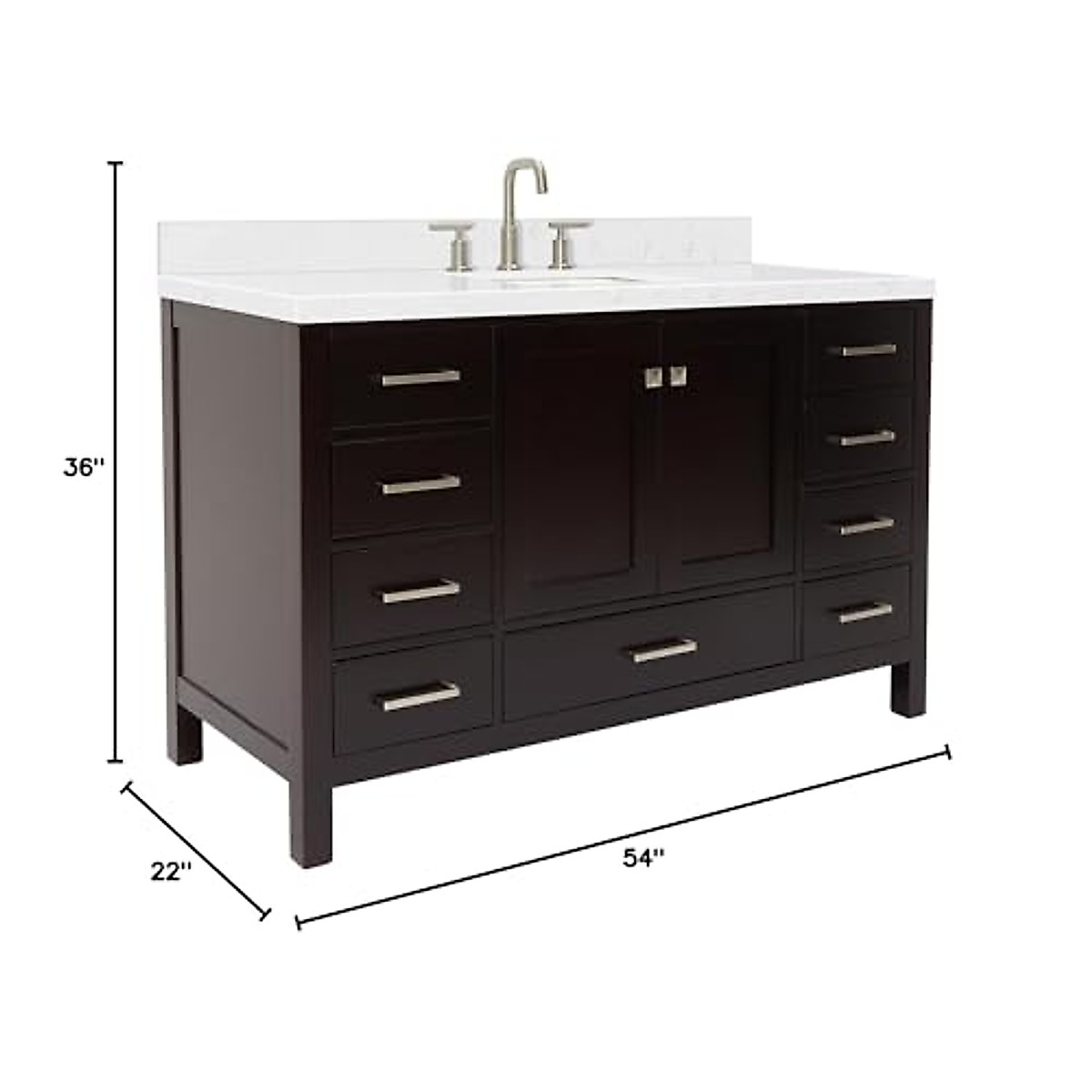 ARIEL Cambridge 54" Espresso Bathroom Vanity, 1.5" Edge Carrara White Quartz Countertop & Splash, Rectangular Sink, 2 Soft Closing Doors, 9 Full Extension Dovetail Drawers, Brushed Nickel