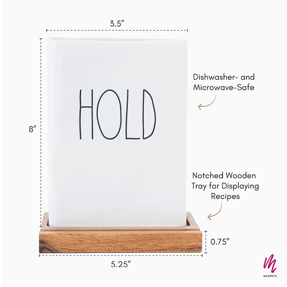 Rae Dunn Kitchen Utensil Organizer with Wooden Tray, Cute Organizer for Kitchen Countertop with Phone or Tablet Holder, Handcrafted Ceramic Utensil Holder, 2-Piece Set