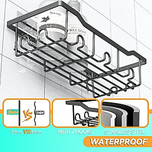 Super Strong Adhesive Shower Shelves for Inside Shower, Sturdy 3 mm Thickness Wire Shower Caddy with 7 Hooks, No Drilling Wall Mount Bathroom Organizer, Stainless Steel, Large Capacity, 5 Pack, Black