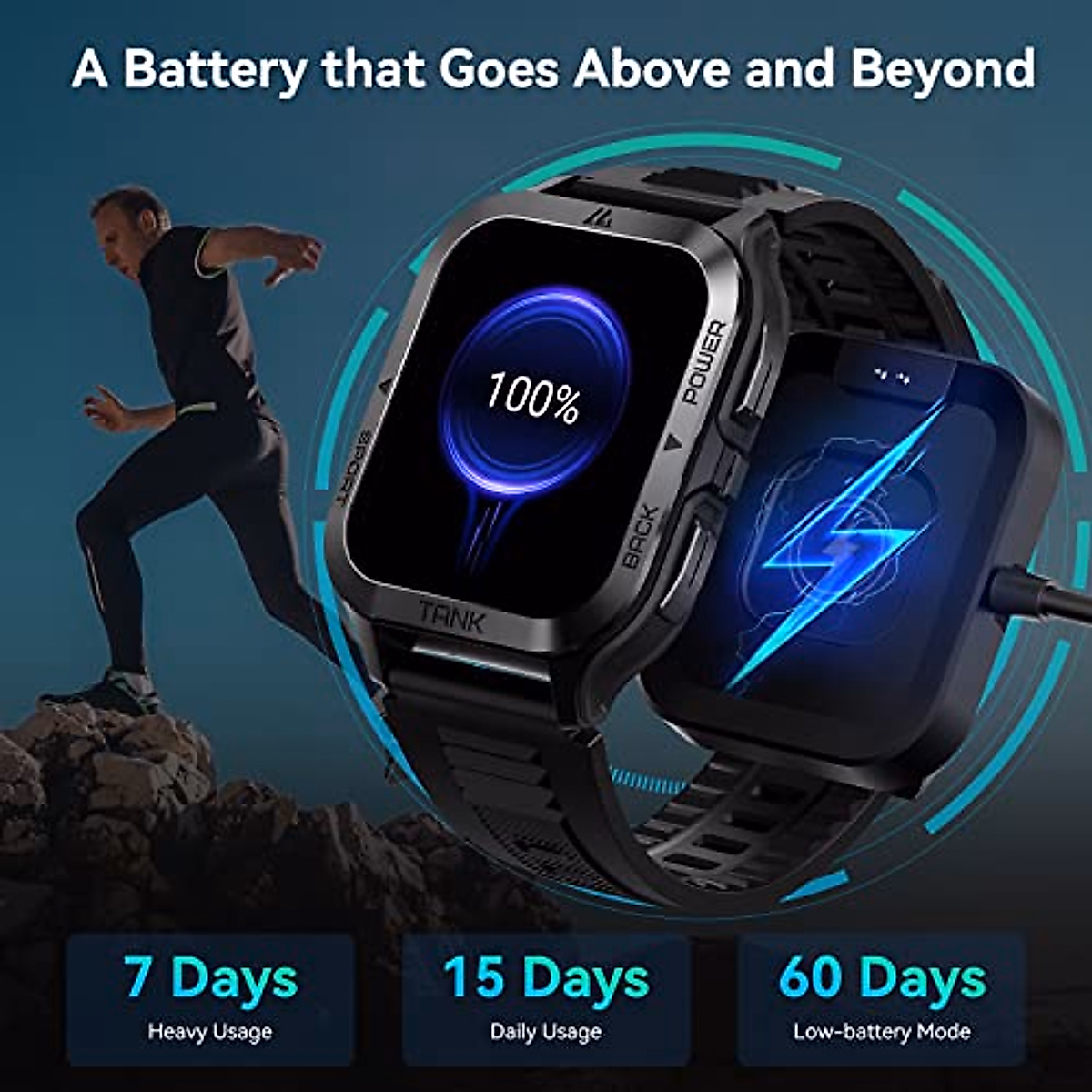 AMAZTIM Smart Watch, 60 Days Extra-Long Battery, 50M Waterproof, Rugged Military Bluetooth Call(Answer/Dial Calls) Fitness Tracker, 1.85" Ultra Large HD Display, AI Voice Assistant 24H Sleep Monitor