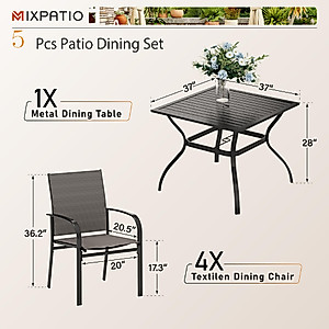 MIXPATIO Patio Table and Chairs Set for 4, 5-Piece Outdoor Dining Set with Brown Textilene Chairs and 37" Square Metal Umbrella Table for Deck Backyard Lawn