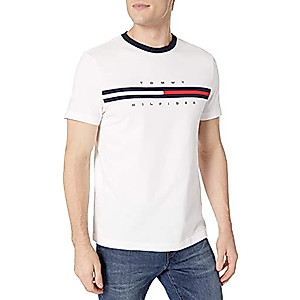 Tommy Hilfiger Men's Short Sleeve Signature Stripe Graphic T-Shirt, Bright White, SM