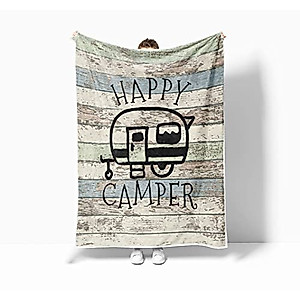 Happy Camper Throw Blanket, Retro Rustic Wood Neutral Color for Travel Trailer Camping Theme Motor RV Fleece Blanket, Farmhouse Soft Flannel Throw Blanket for Chair Bed Sofa Couch Office, 50X60IN