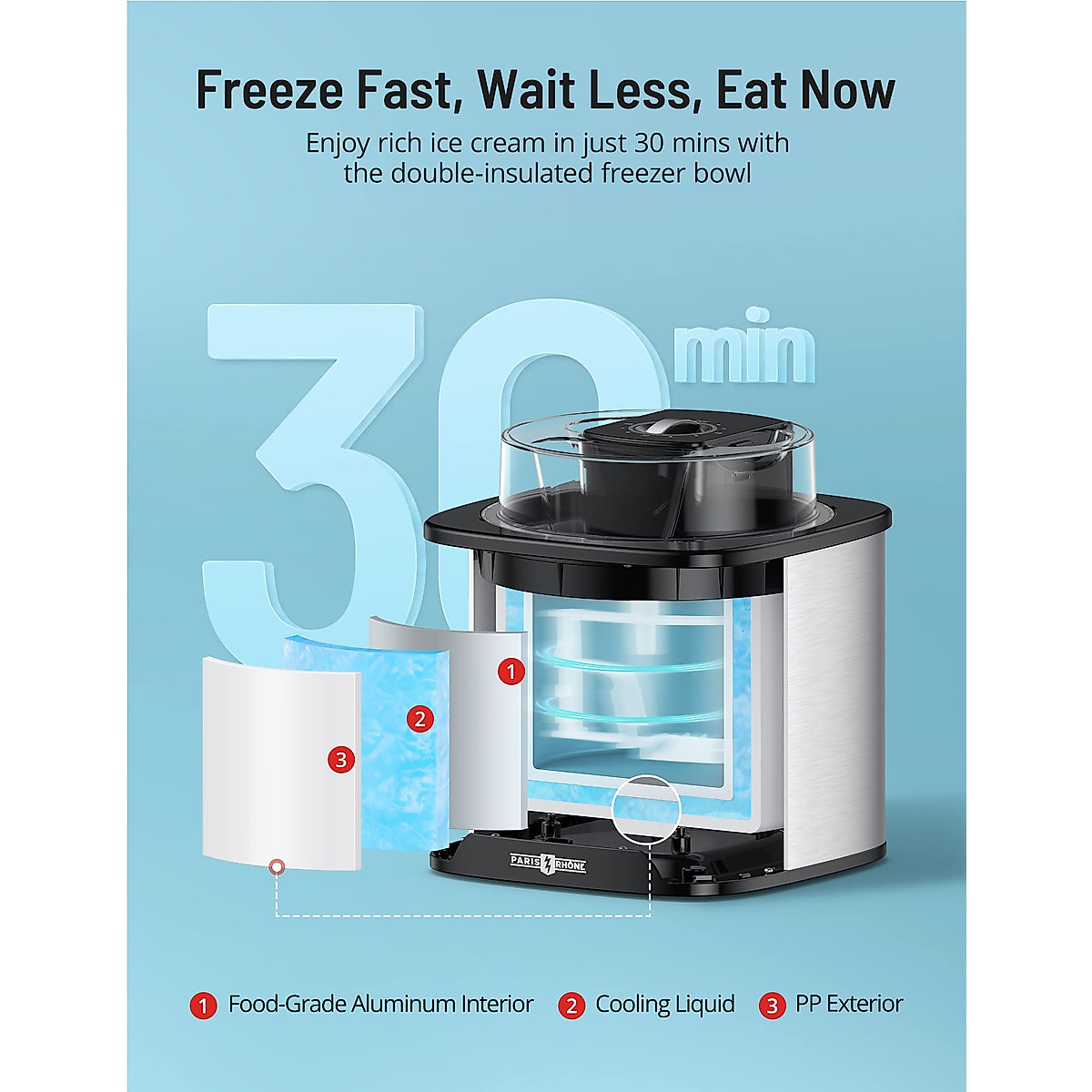 2.1 Quart Ice Cream Maker, Paris Rhône Automatic Homemade Electric Ice Cream Maker Machine for Countertops with Freezer Bowl, Spatula, Scoop, Measuring Cup for Frozen Yogurt, Creamy Ice Cream,