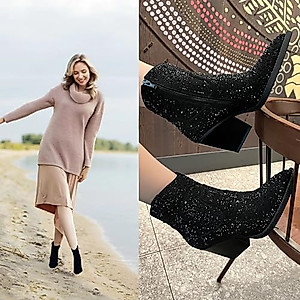 OOHRHN Women's Color Rhinestone Boots Glitter Sparkly Cowboy Booties Chunky Block Heel Pearl Detail Pointed Toe Bridal Wedding Western Ankle Boots Cowgirl Short Boots Black Stone PU Size US 8.5