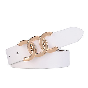 MoYoTo Women’s 2.8cm Wide Leather Belt Fashion Gold Buckle Belts for Jeans Dresses Ladies Waist Belt (Suit Waistline 31″-38″,White)