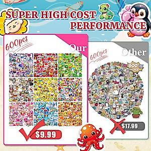 Y-times 600 Pcs Waterproof Vinyl Multicolor Cartoon Bubble Stickers for Kids, Teens, Adults - Water Bottle, Skateboards, Scrapbook, Laptops, Computers
