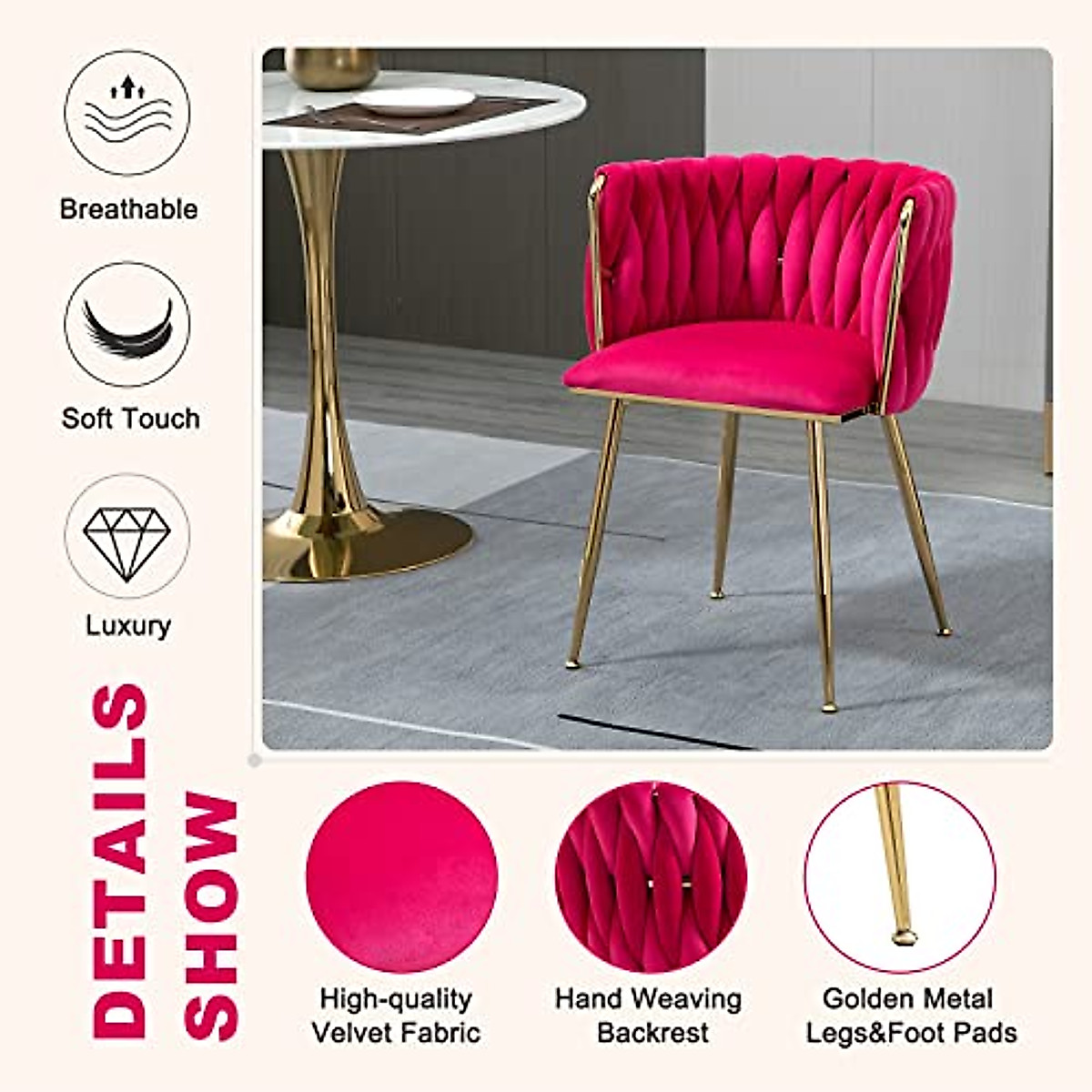 NIOIIKIT Modern Velvet Dining Chairs Set of 2 Hand Weaving Accent Upholstered Side Chair with Golden Metal Legs for Dining Room Kitchen Vanity Living Room (Rosered)