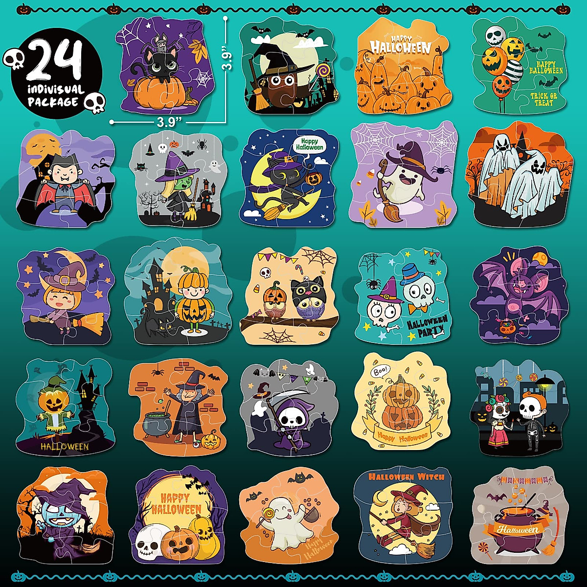 Halloween Party Favor for Kids, 24 Pack Jigsaw Puzzles in Halloween Theme Designs for Trick or Treating, Halloween Goodie Bag Filler, Halloween Miniatures Novelty Toy, School Classroom Rewards