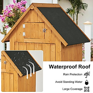 GarveeLife Outdoor Wood Storage Shed Cabinet, Wooden Garden Tool Sheds, Outside Vertical Organizer with Floor, Waterproof Roof, 3 Shelves, 4 Hooks and Lockable Door for Patio Hallway Backyard, Natural