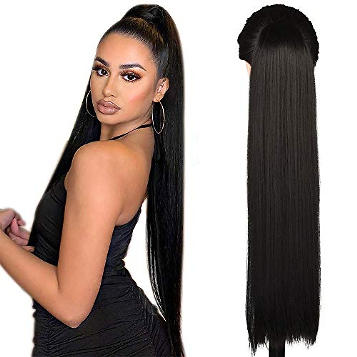 24 Inch (Can Be 26 Inch) Straight Hair Ponytail 2 Clips in Ponytail Hair Extensions Straight Hair Drawstring Ponytail For Ladies 125g/Piece Synthetic Hairpiece Ponytail Smooth &Soft Natural Black(1B)