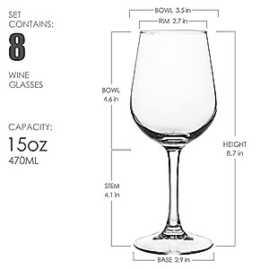 FAWLES Fully Tempered Wine Glasses, Shock Resistant Wine Glass Set for Red or White Wine, Dishwasher Safe Stem Glasses for Restaurants, Bars, Home (Set of 8, 15.5 oz)