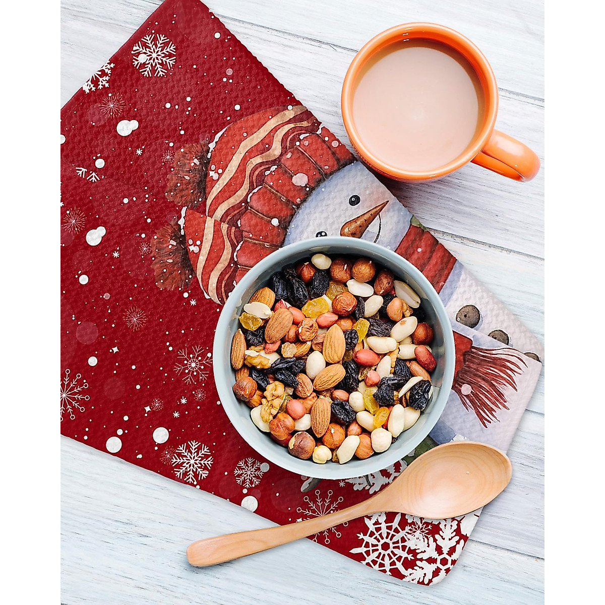 Onekaccu Winter Snowman Christmas Dish Towels Set, Waffle Weave Kitchen Towels Microfiber Towels Cleaning Red Christmas Snowflake Xmas Soft Absorbent Dish Drying Towels Hand Towels 2 Pack 12x12 in