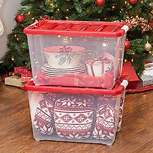 IRIS USA 54 Qt. Holiday Storage Bin with Lid, 4-pack, Stackable Holiday Storage Container with Lid and Latching Buckles for Holiday Decorations Accessories and Supplies, Clear/Red