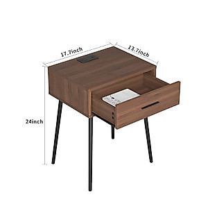 HAIOOU Set of 2 Mid Century Nightstand with Charging Station, End Table Modern Side Table One Drawer with Premium Matte Black Handle and Pine Wood Legs for Home Bedroom Living Room
