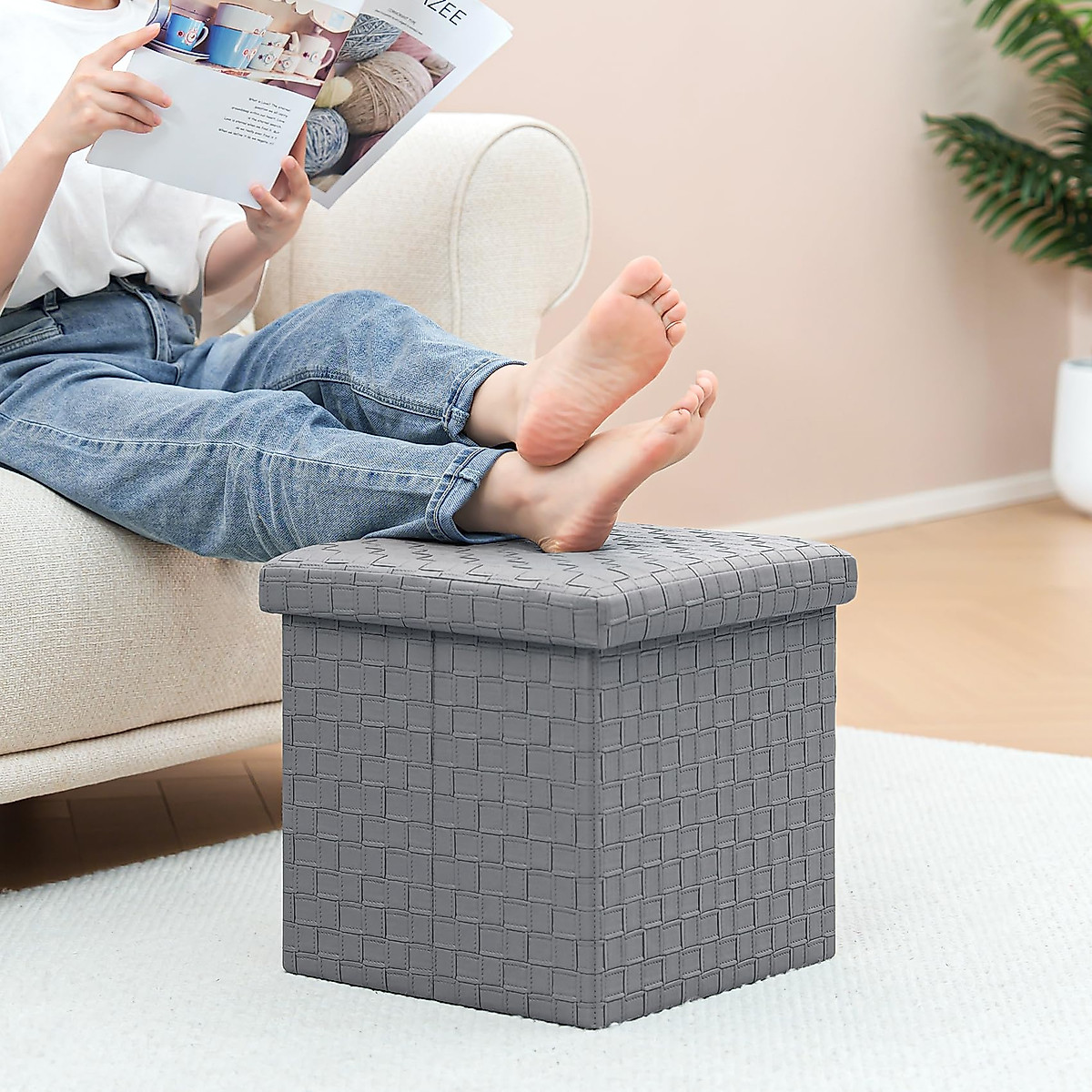 B FSOBEIIALEO Storage Ottoman, Faux Leather Footrest Seat, Ottoman with Storage Cube Toy Box Chest, 15"x15"x15" (Grey, Medium)