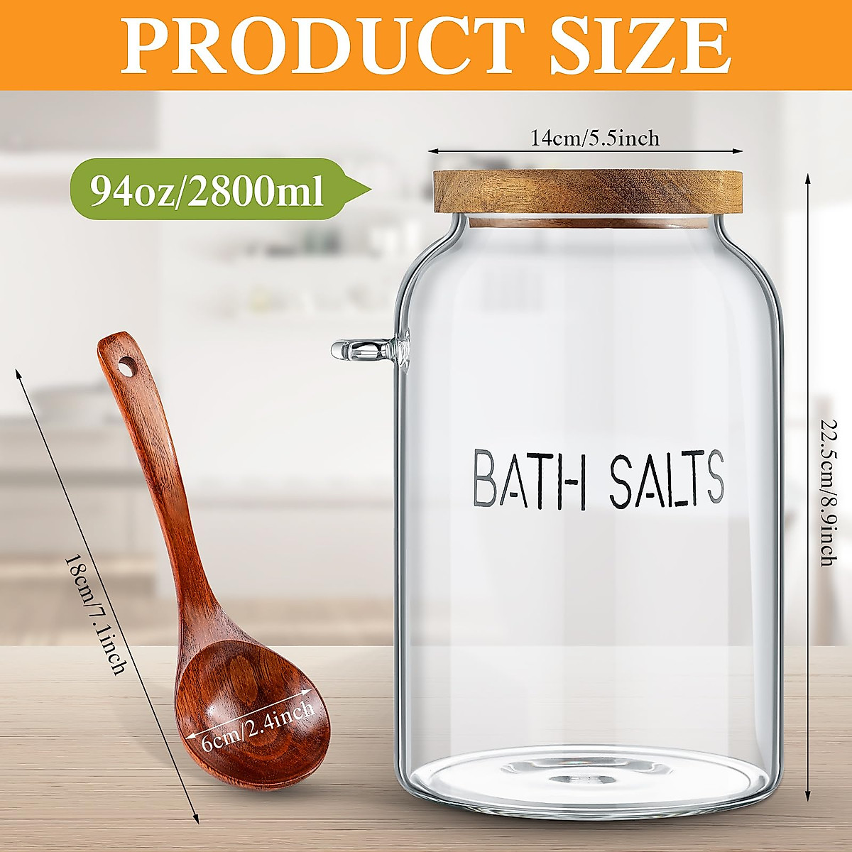 SiliFine 1 Piece 94 oz Bath Salts Glass Jar with Wooden Lid, Bath Salt Container with Scoop, Glass Containers for Bathroom Bath Decor Airtight Storage Bathtub Accessories for Women