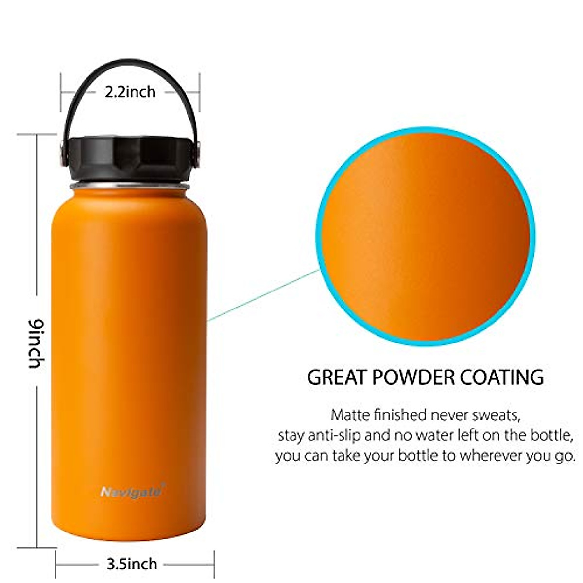 NAVIGATE 32oz Wide Mouth Stainless Steel Water Bottle with Two Lids, Double Walled Vacuum Insulated Travel Sports Flask Cup |Keep Drink Stay Cold & Hot, Leak Proof