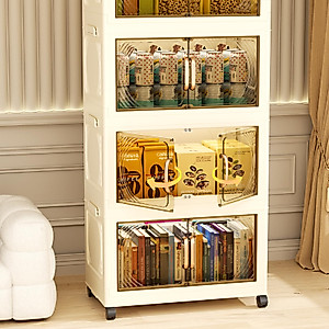 YUEXINKJ Plastic 4 Tier Storage Bins with Lids,Folding Storage Box with Doors and Wheels Stackable Storage Bins,Closet Organizers and Storage for Living Room,Office,Dorm