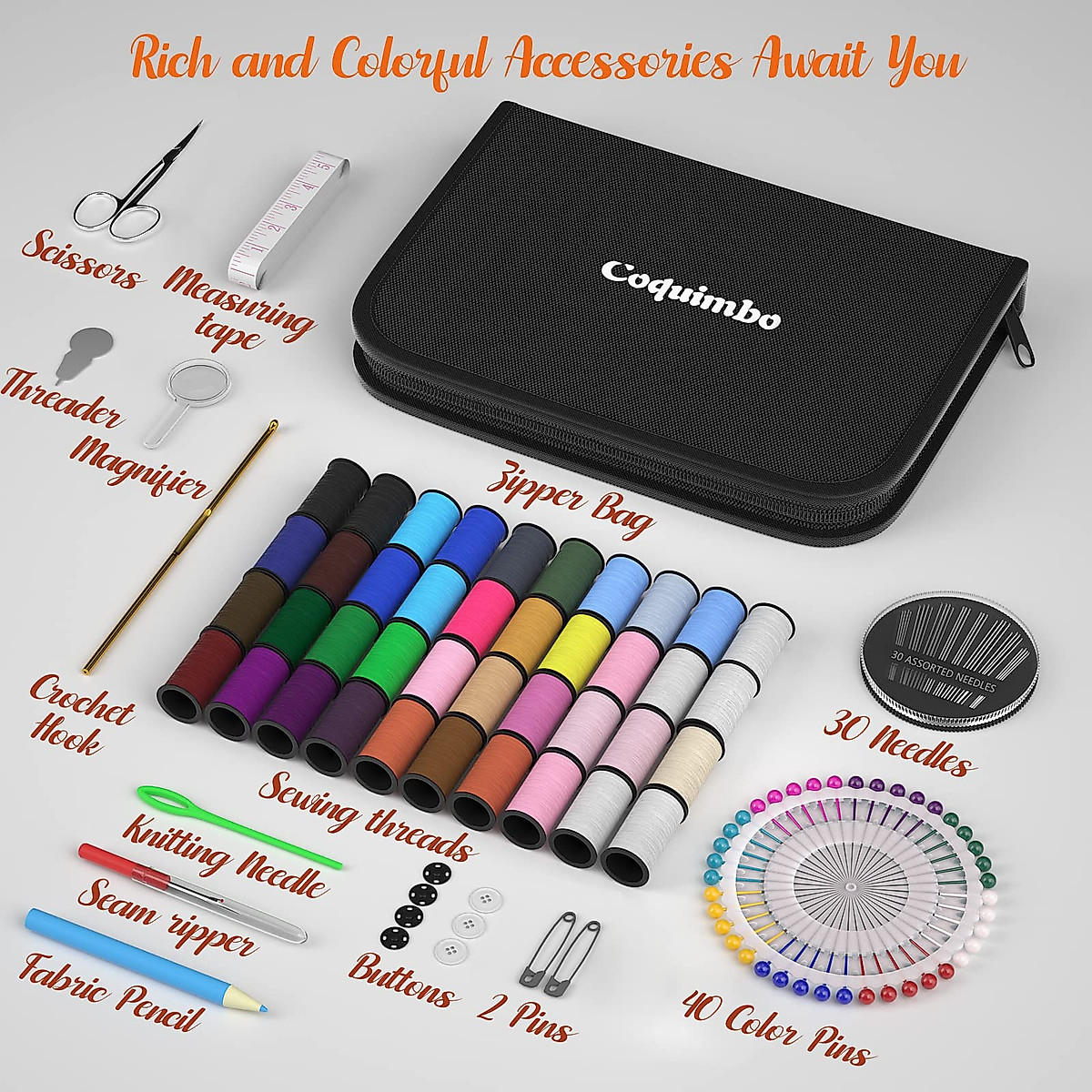 Coquimbo Sewing Kit for Traveler, Adults, Beginner, Emergency, DIY Sewing Supplies Organizer Filled with Scissors, Thimble, Thread, Sewing Needles, Tape Measure etc (Black, L)
