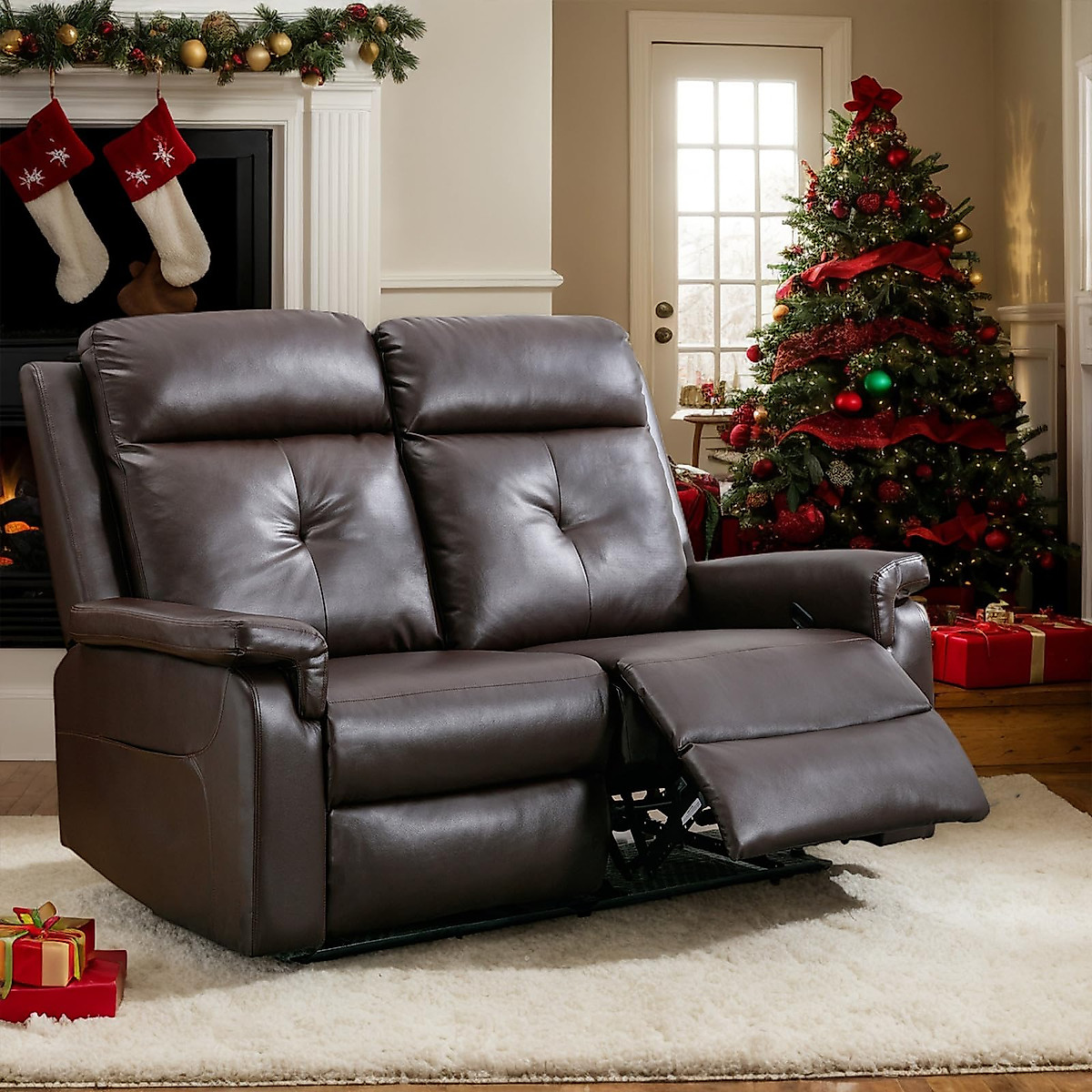 B BAIJIAWEI PU Leather Reclining Sofa - Manual Double Recliner Loveseat with Massage & Heating - 2-Seater Home Theater Seating for Living Room, Reading Room, Bedroom (Brown)