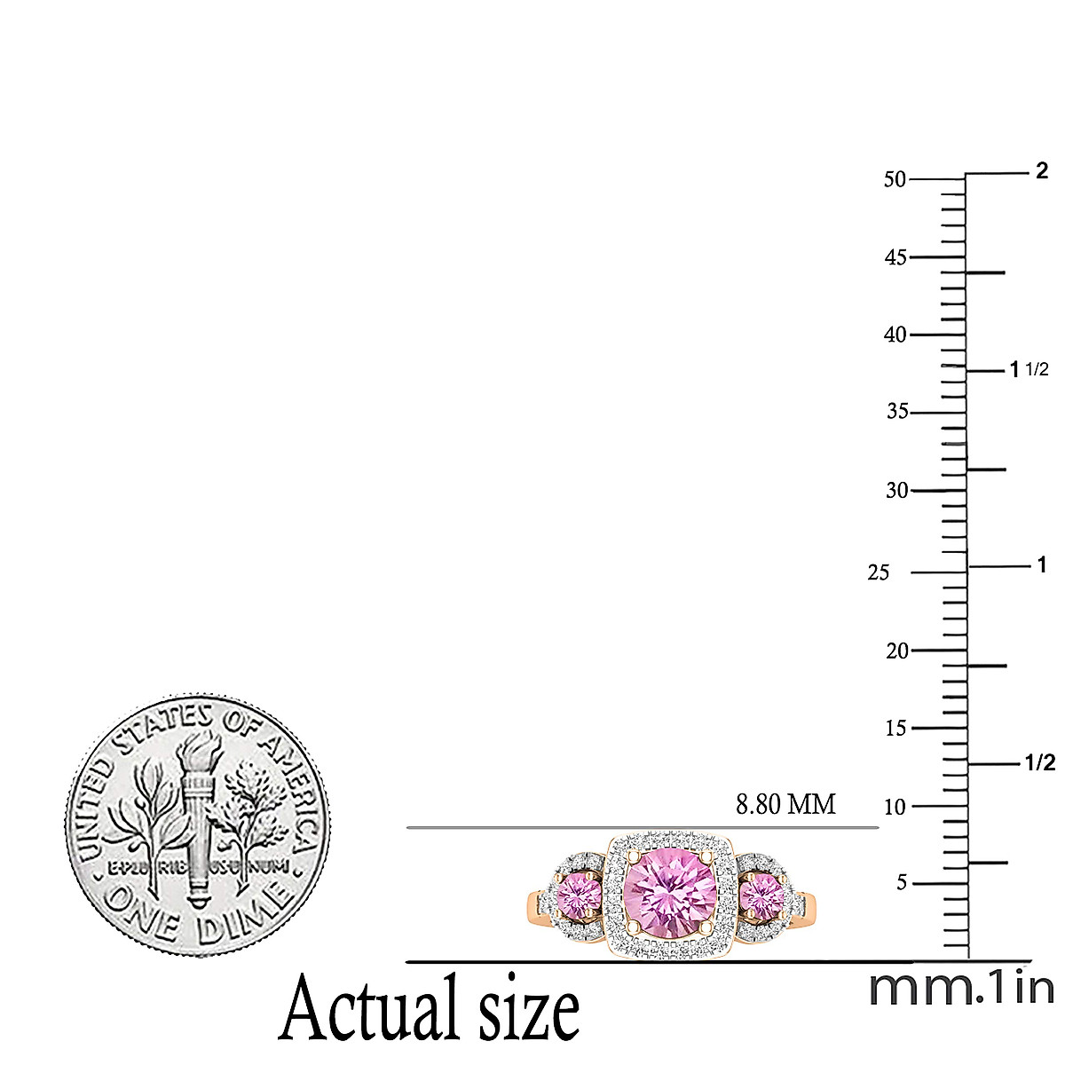 Dazzlingrock Collection Round Lab Created Pink Sapphire & Natural White Diamond Women 3 Stone Halo Style Engagement Ring, 10K Rose Gold, Size 7