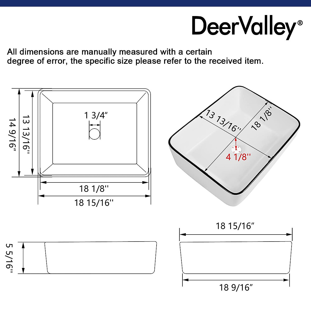 DeerValley DV-1V0002 Bathroom Sink 19" x 15" Bathroom Vessel Sink Rectangular Above Counter Vessel Sink, White Body Black Trim